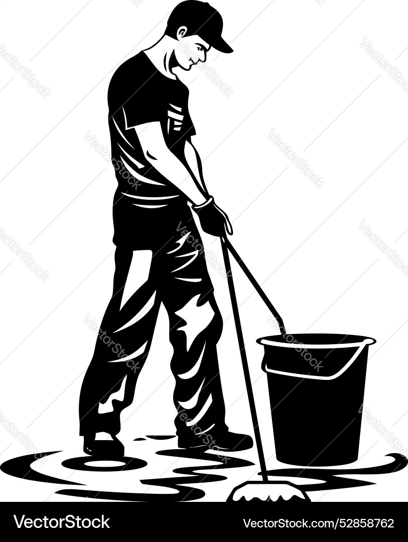 Mop mastery man with bucket logo brighter Vector Image