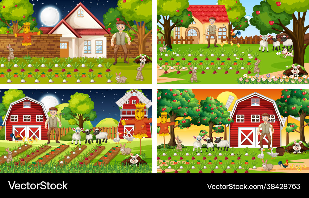 Different farm scenes with old farmer and animal Vector Image