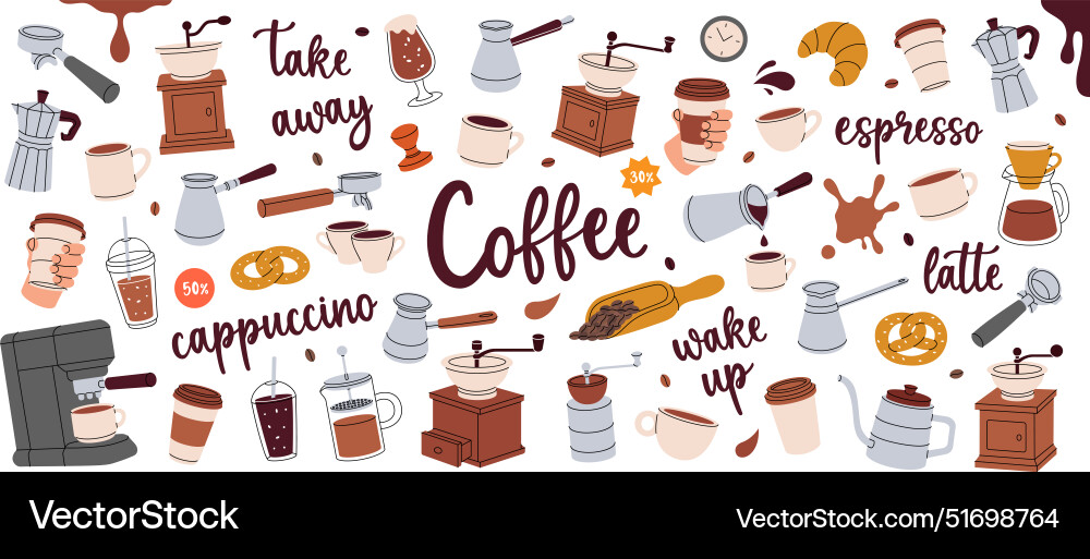 Coffee set hand drawn elements for cafe menu Vector Image