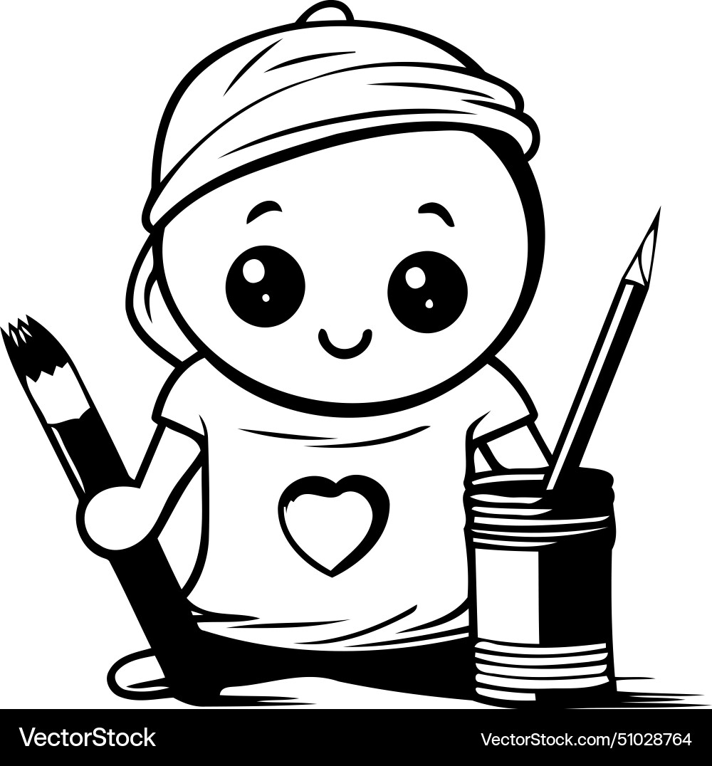 Cute painter cartoon character with paintbrush Vector Image