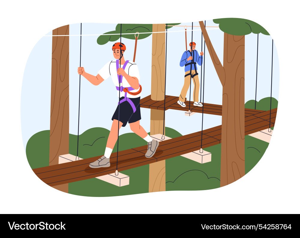 High rope course adventure in forest park men Vector Image