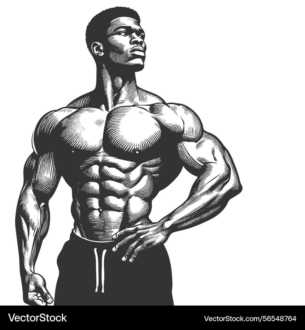 Muscular bodybuilder posing engraving Royalty Free Vector