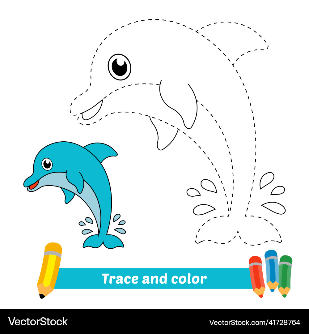 Trace and color for kids dolphin Royalty Free Vector Image