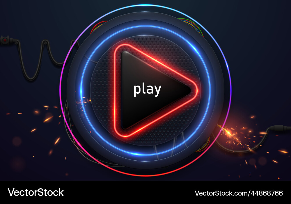 Neon play glossy button with spark effect Vector Image