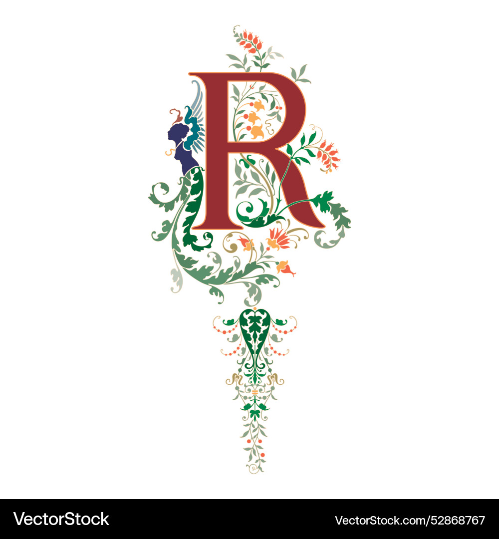 Art renaissance initial caps font capital letter Vector Image