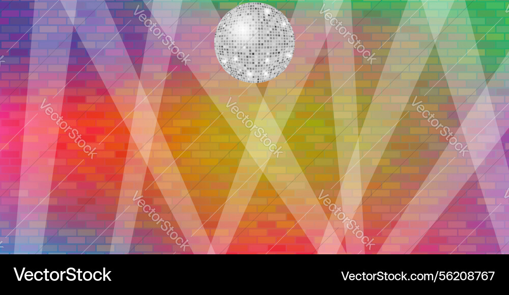 Grey disco ball on colorful neon brick background Vector Image