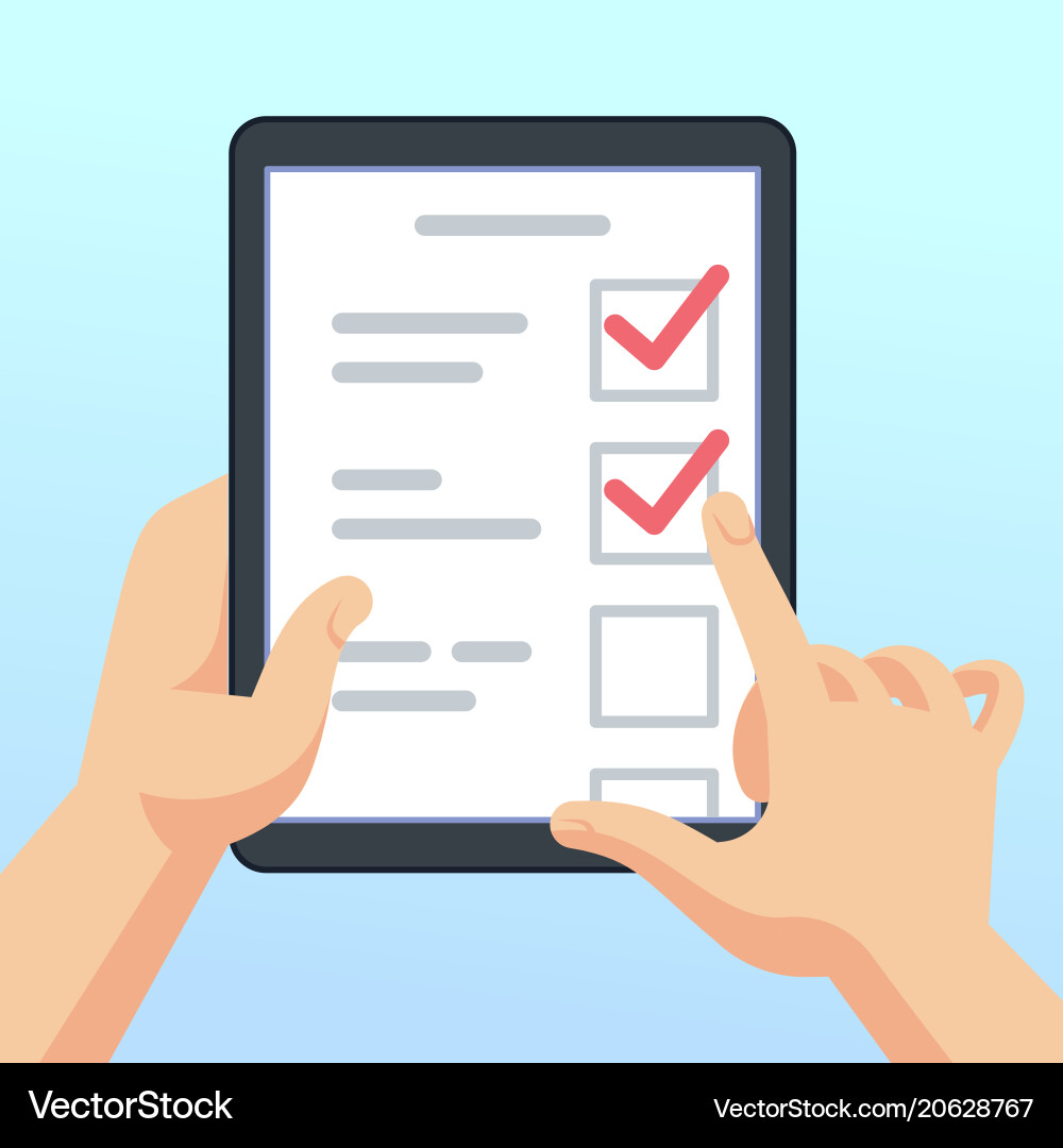 Hands holding tablet with online survey form Vector Image