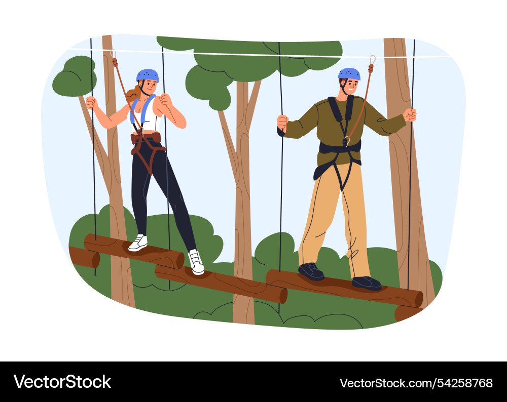 Adventure rope course in park couple walking Vector Image