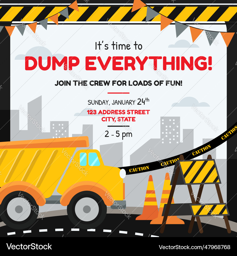 Construction dump truck themed party invitation Vector Image