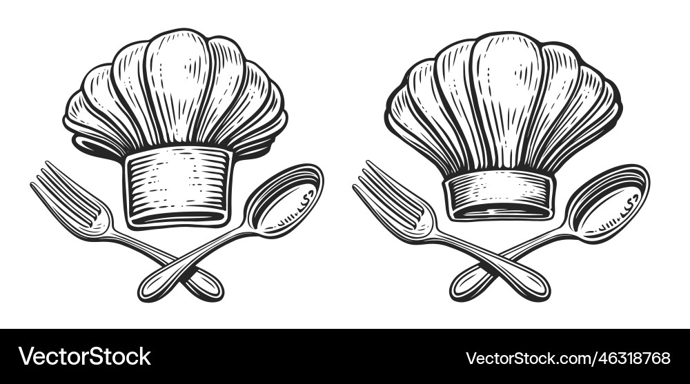 Cook hat with fork and spoon chef emblem or badge Vector Image
