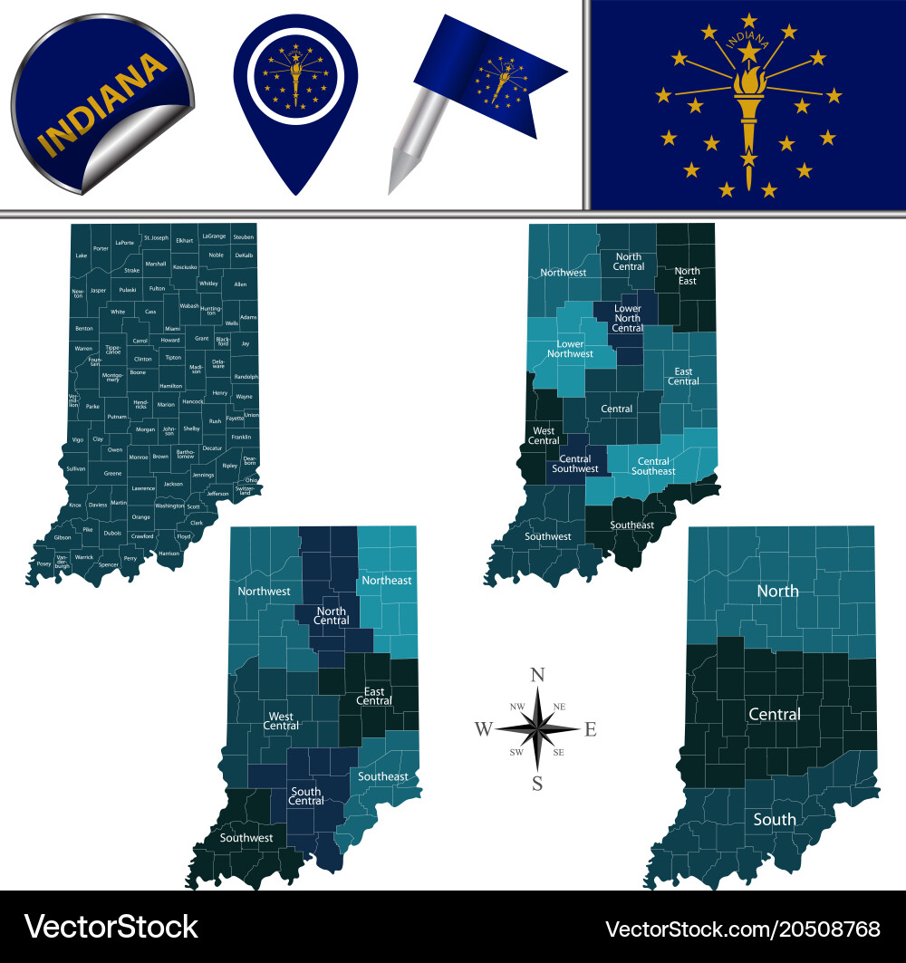 Indiana Map with Regional Divisions Royalty Free Vector