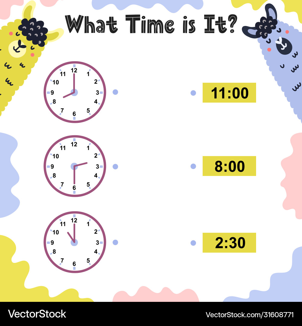 What time is it activity page for kids with clock Vector Image