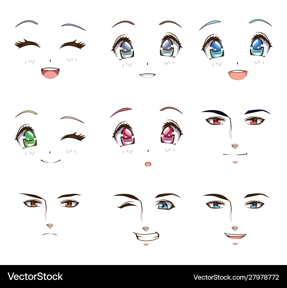 Group young people faces anime style characters Vector Image