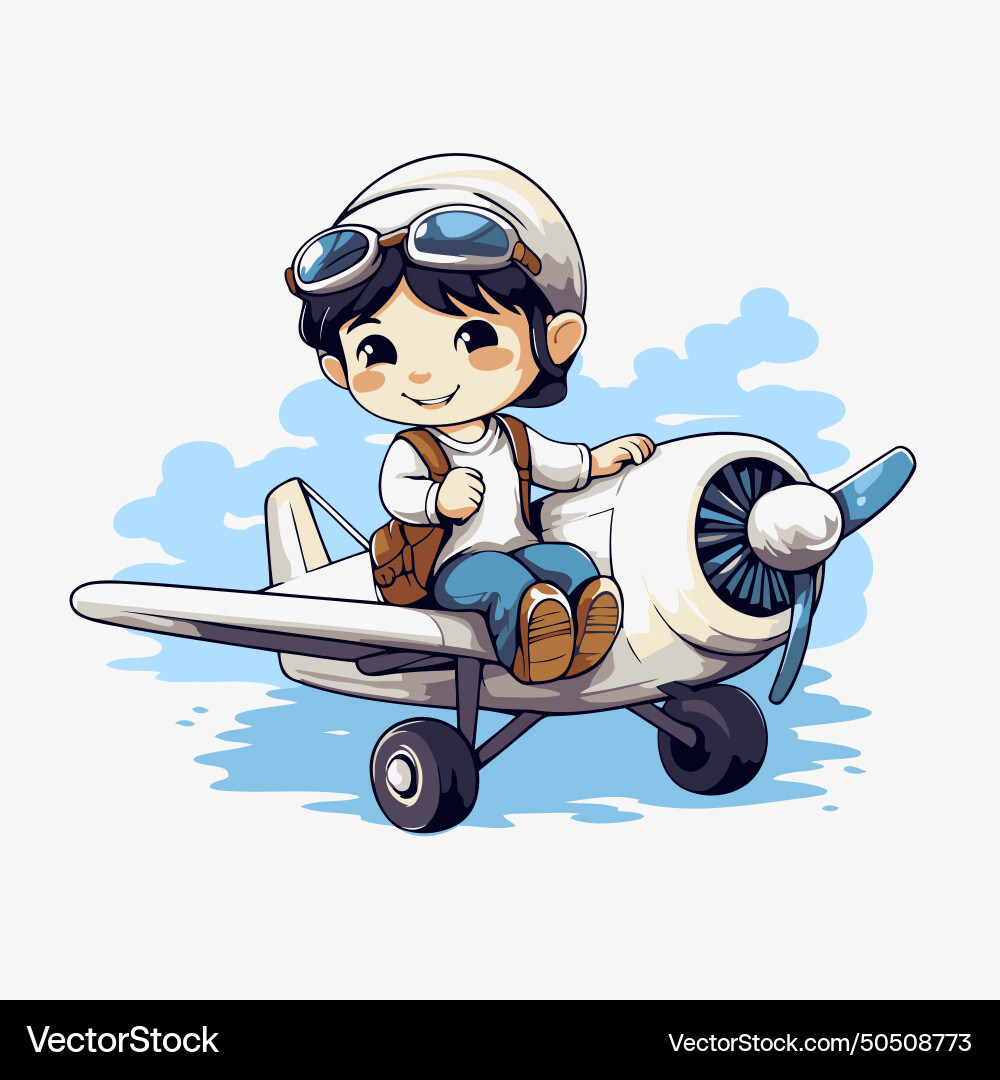 Cute boy pilot with airplane cartoon isolated Vector Image