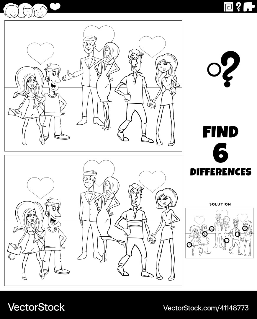 Differences task with couples in love coloring Vector Image