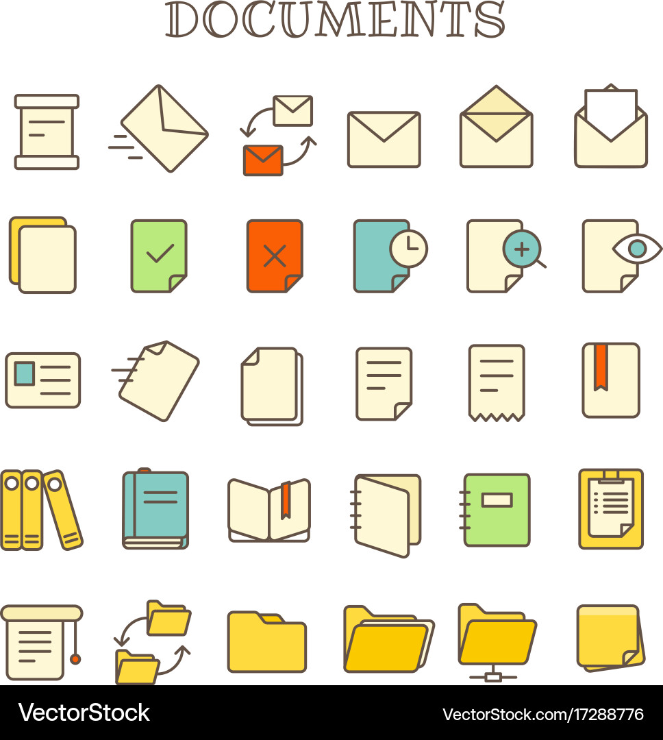 Different paper documents thin line color icons Vector Image