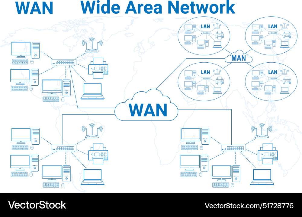 Wan is wide area network diagram icon Royalty Free Vector
