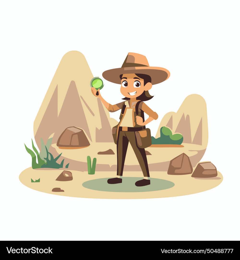 Cartoon explorer with a magnifying glass in his Vector Image