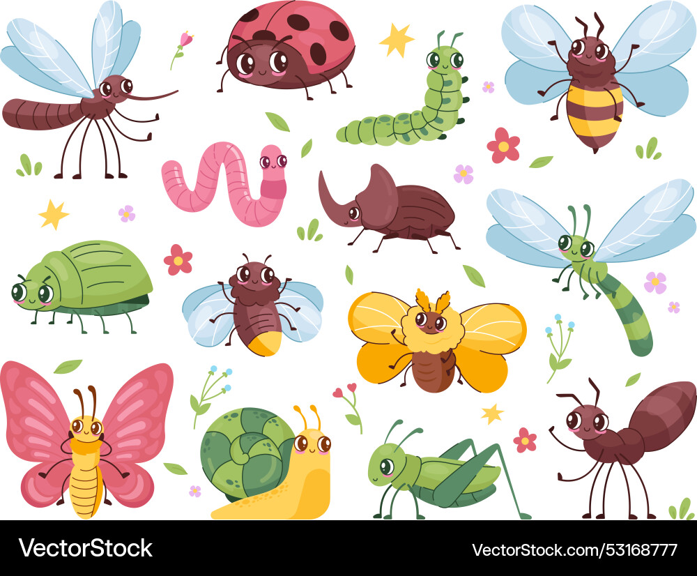 Cartoon insect characters children cute bug funny Vector Image