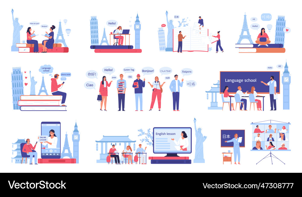 Language course icon set Royalty Free Vector Image