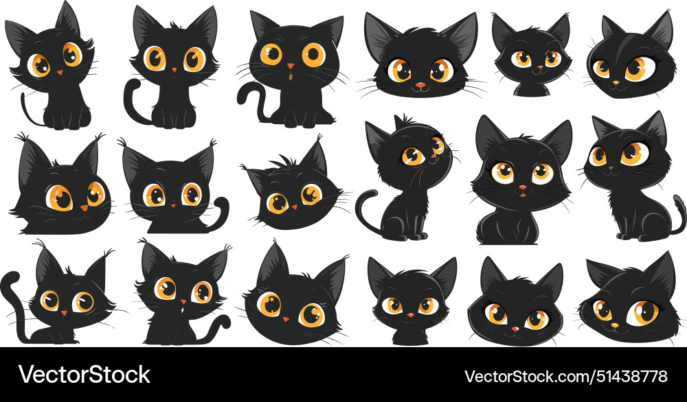 Black cats cartoon set pets big yellow Royalty Free Vector