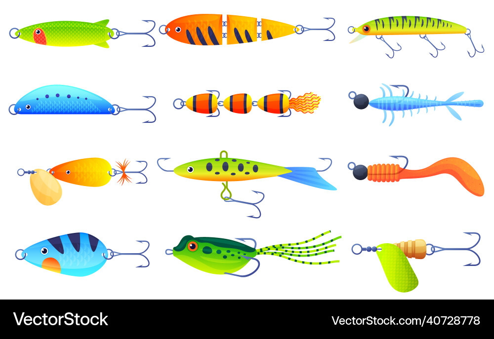 Collection bright bait for fish flat Royalty Free Vector
