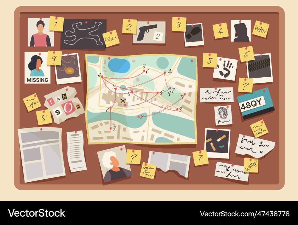 Detective pinboard with evidences on wall Vector Image