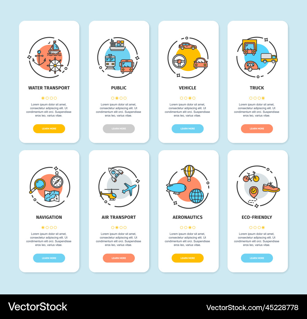 Transport app screens cards set Royalty Free Vector Image