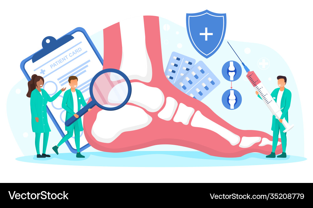 Multiracial orthopedics doctors examine foot Vector Image