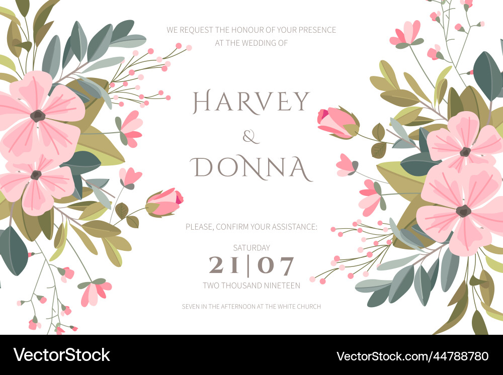 Beautiful wedding card with hand drawn flowers Vector Image