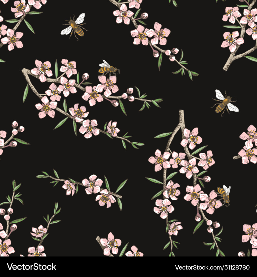 Seamless pattern with wild manuka blossom and bees