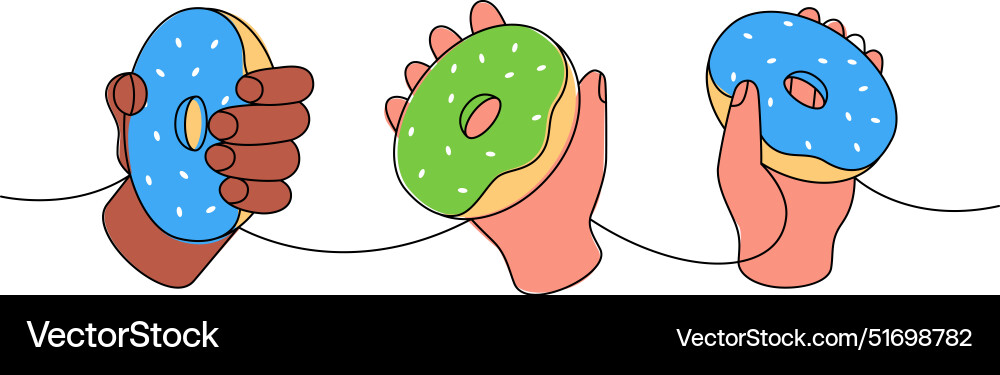 Hands holding donuts one line colored continuous Vector Image