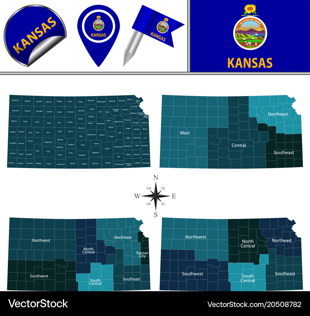Map of kansas with regions Royalty Free Vector Image