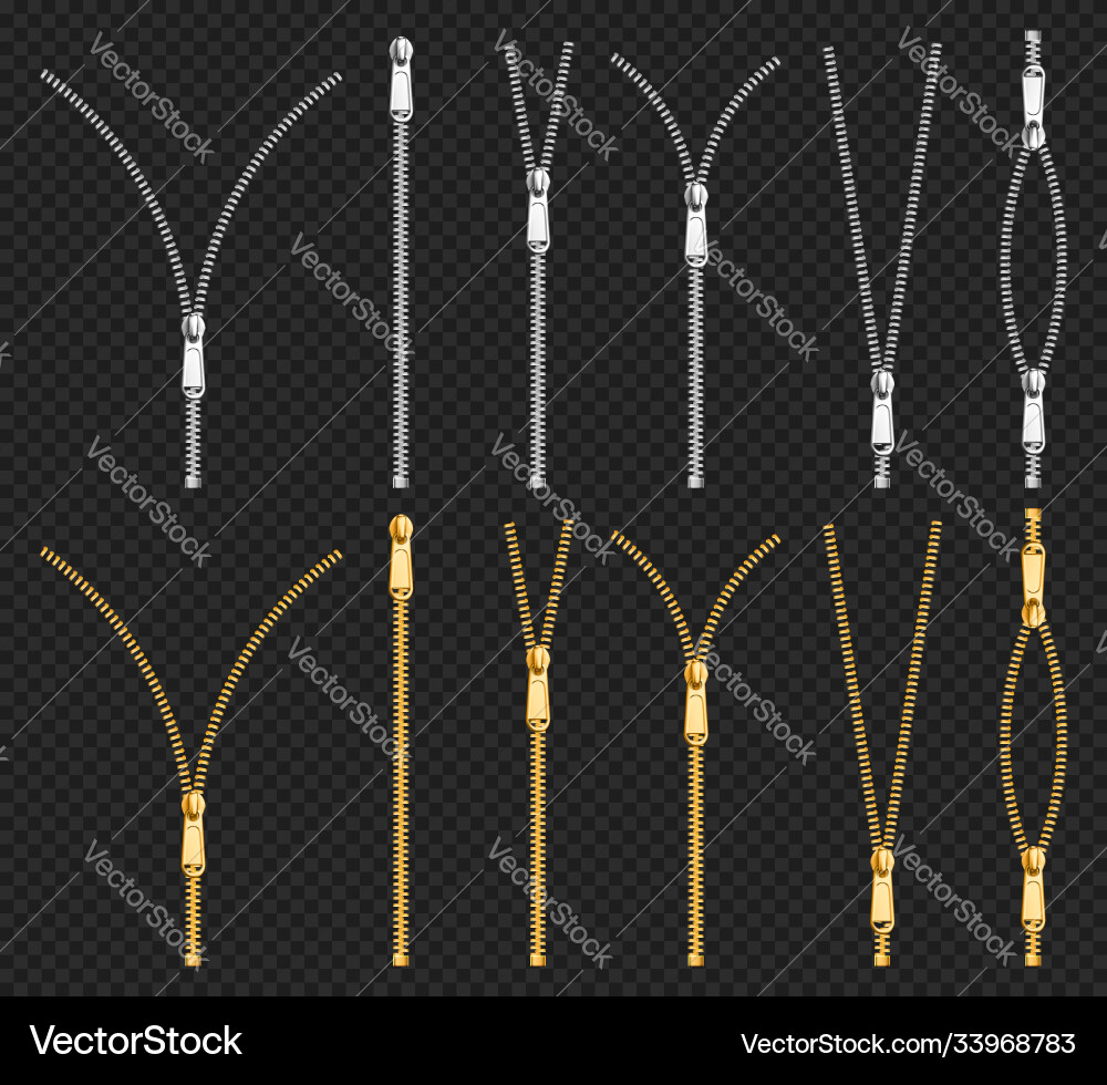 Metal zip fasteners zippers puller set Royalty Free Vector