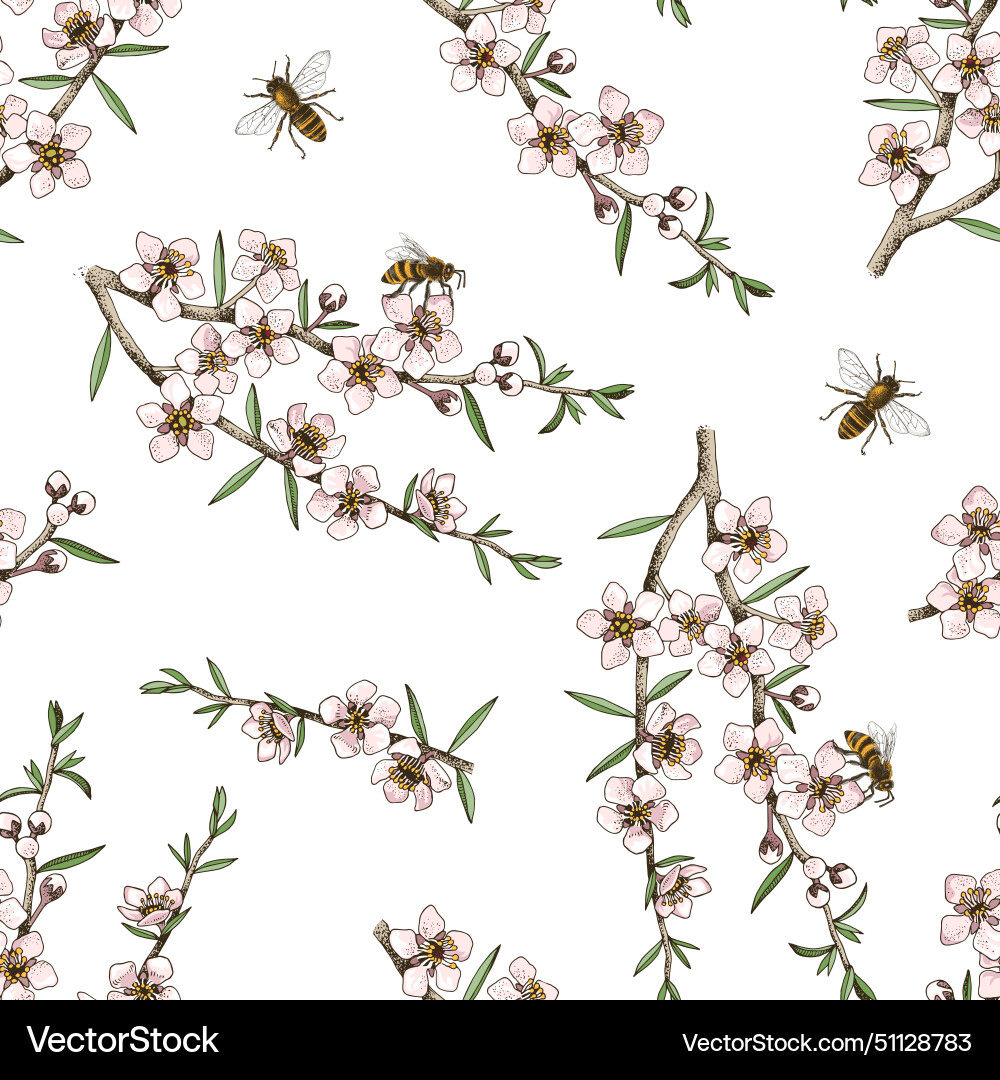 Seamless pattern with wild manuka blossom and bees