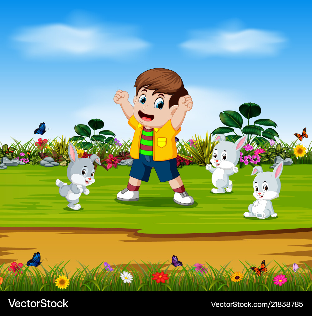 Boy are playing with three rabbits Royalty Free Vector Image