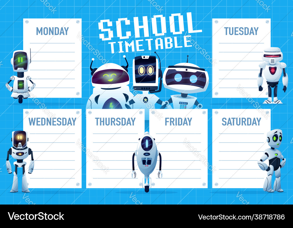 Timetable schedule with cartoon robots and droids Vector Image