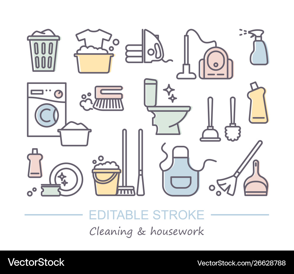 Cleaning and housework icons with editable stroke Vector Image