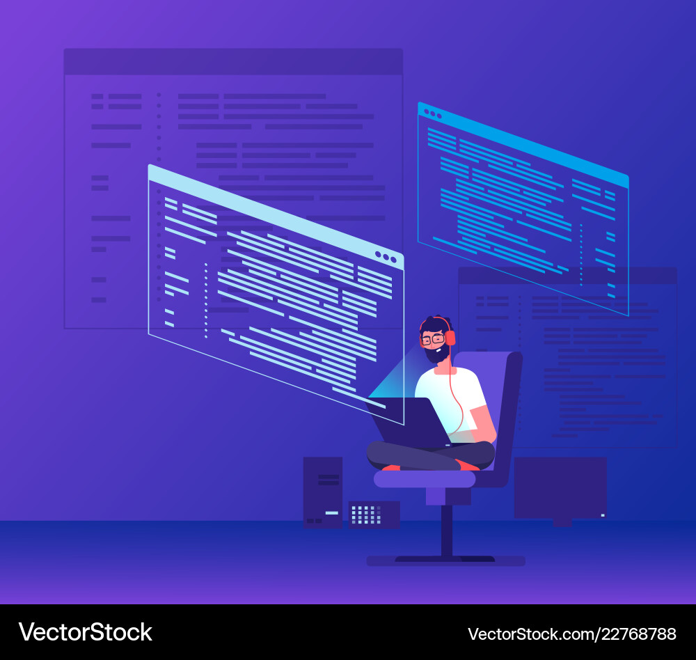 Programmer coding young man freelancer working Vector Image