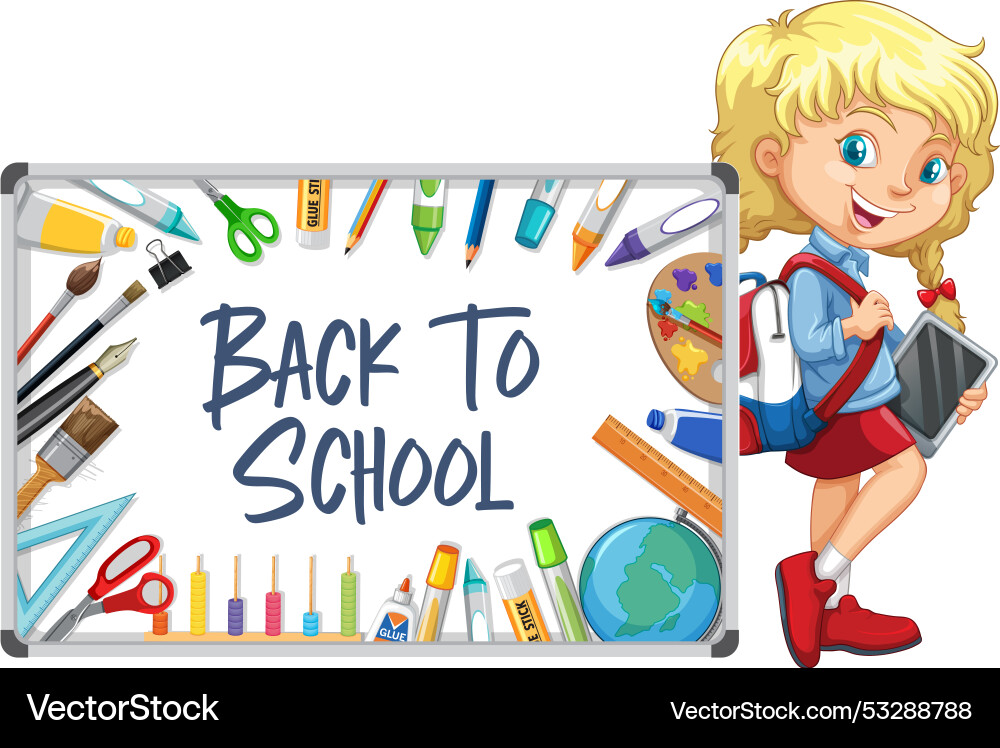 School supplies and a student Royalty Free Vector Image