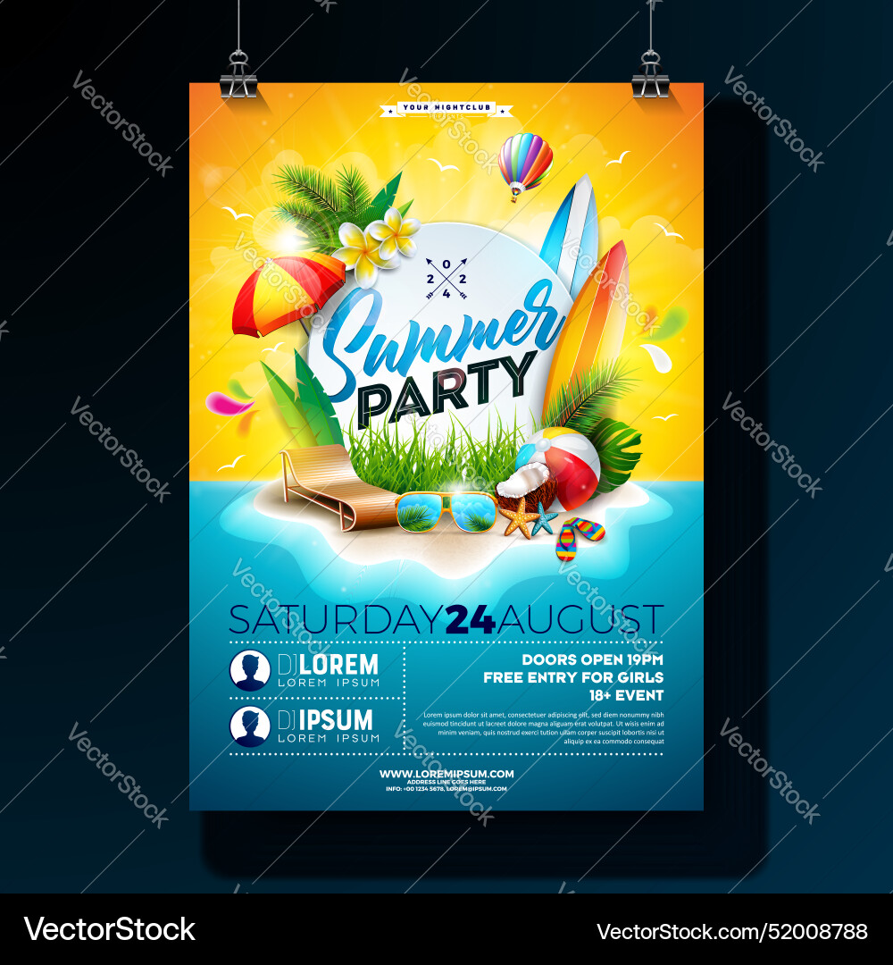 Summer beach party flyer design with flower Vector Image
