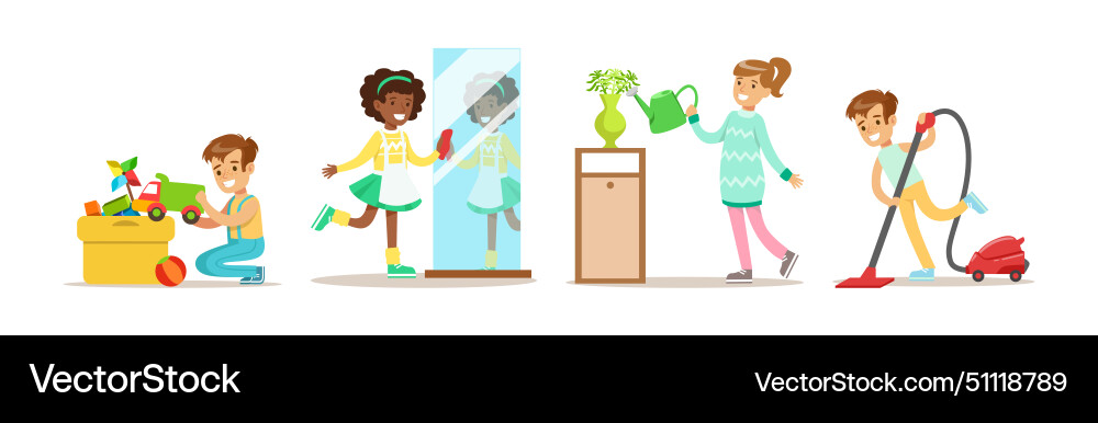 Children character helping with home cleanup Vector Image