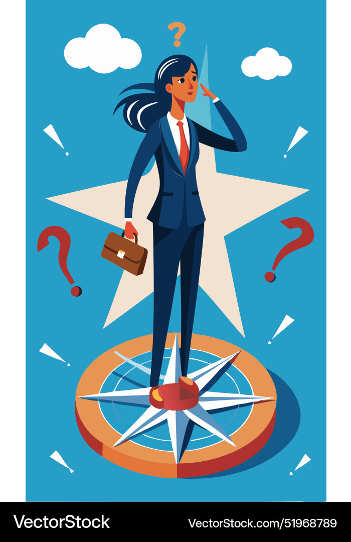 Confused businesswoman on compass Royalty Free Vector Image