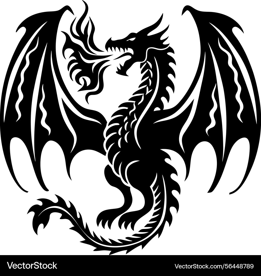 Fierce black dragon spitting fire with large wings