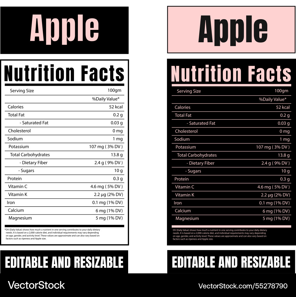 Apple nutrition facts supplement Royalty Free Vector Image