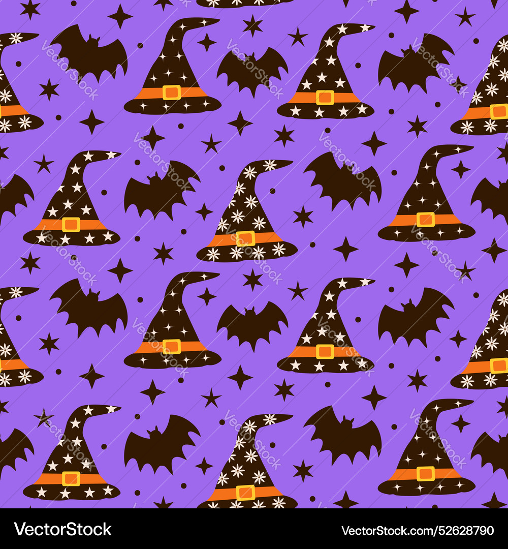 Black witch hat seamless pattern on purple Vector Image