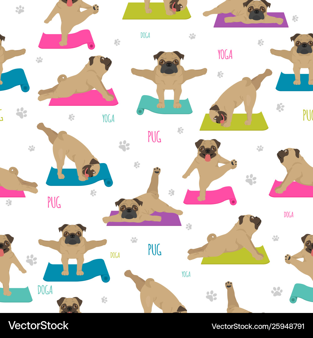 Pug Yoga Poses Seamless Pattern Royalty Free Vector Image
