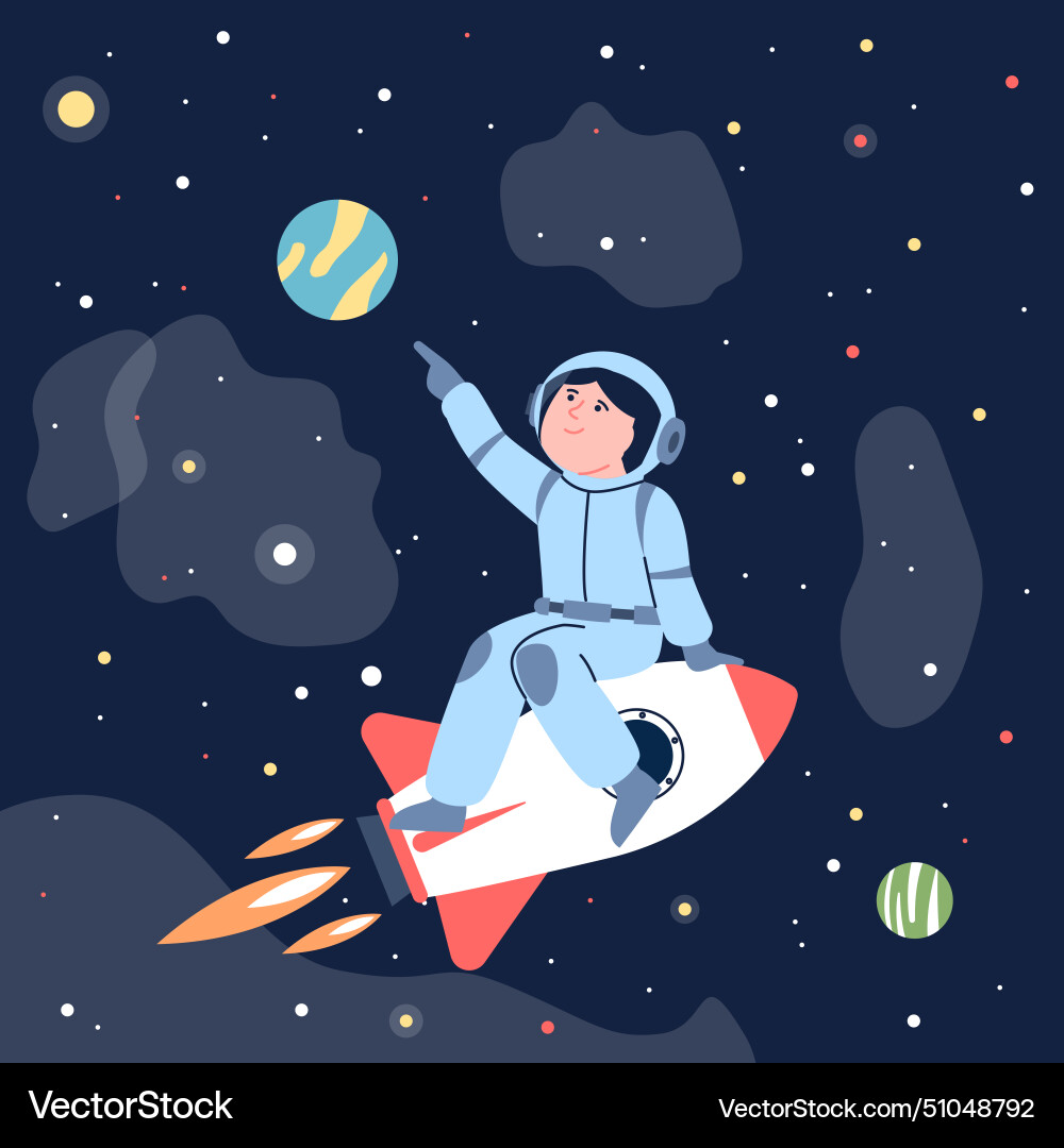 Kid in outer space astronaut on rocket flying in Vector Image
