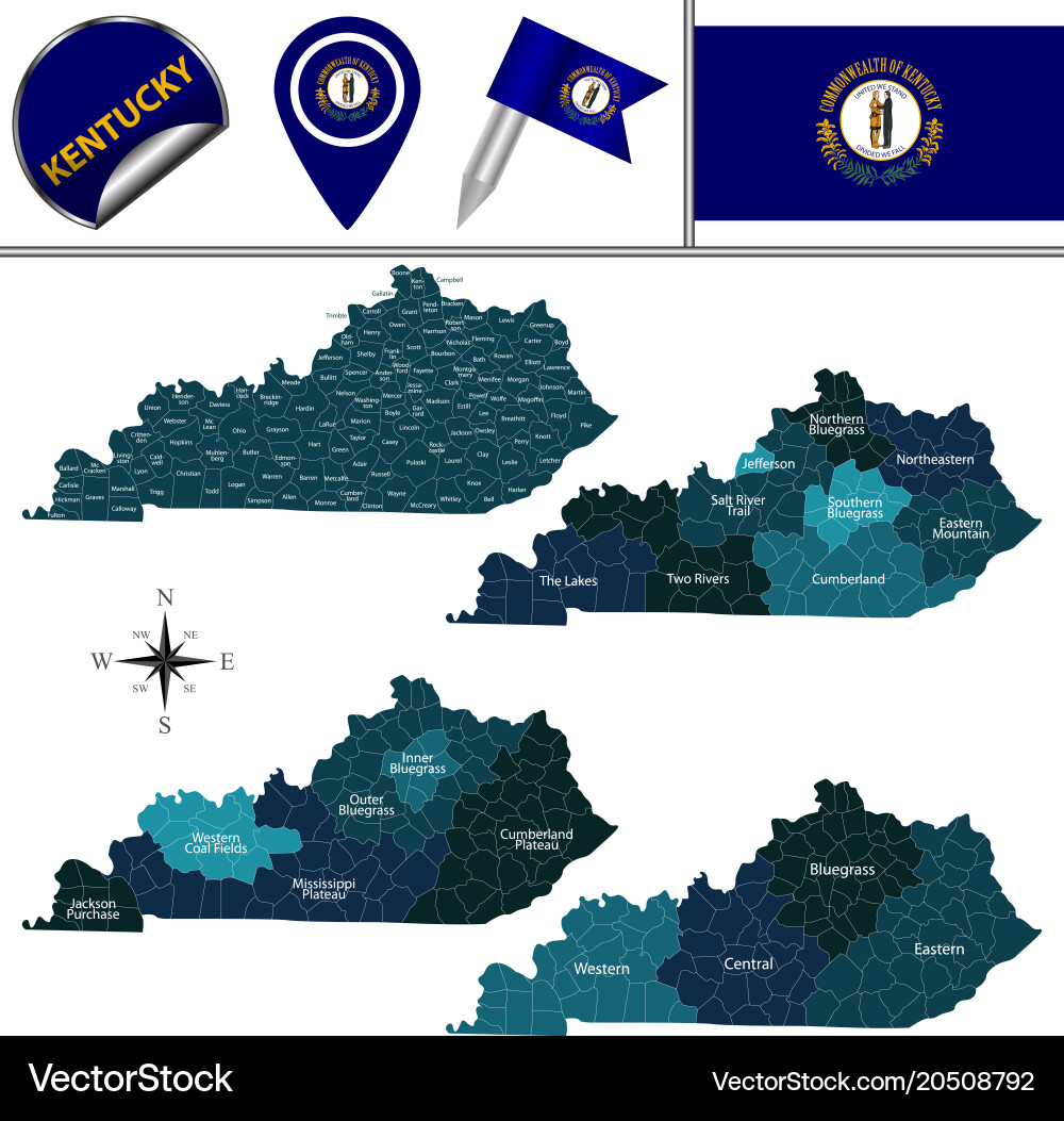 Map of kentucky with regions Royalty Free Vector Image