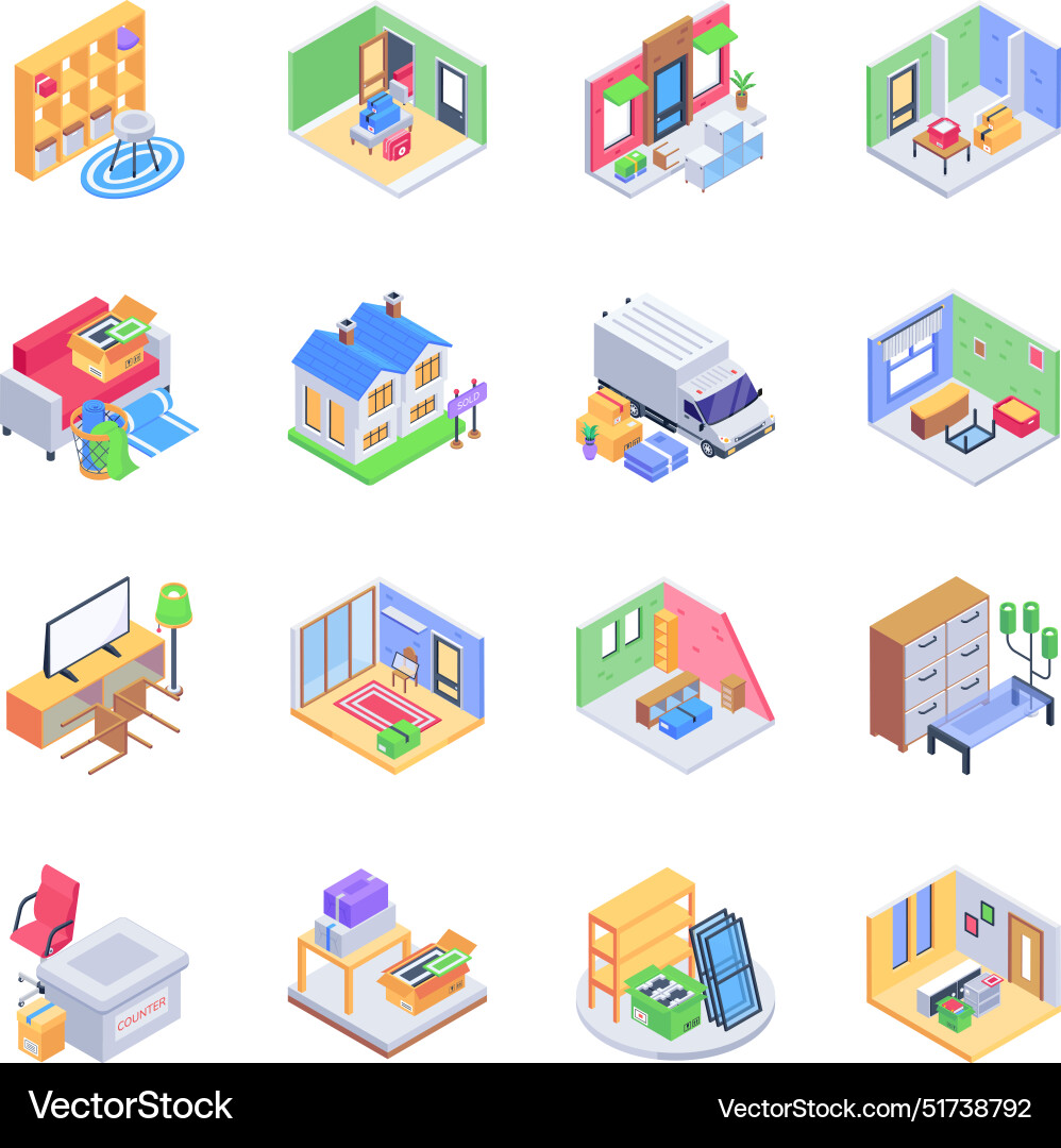 Set of home relocation isometric icons Royalty Free Vector